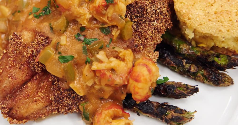 Crawfish Etouffee, Fried Catfish, Rice, Grilled Asparagus and Cornbread ...