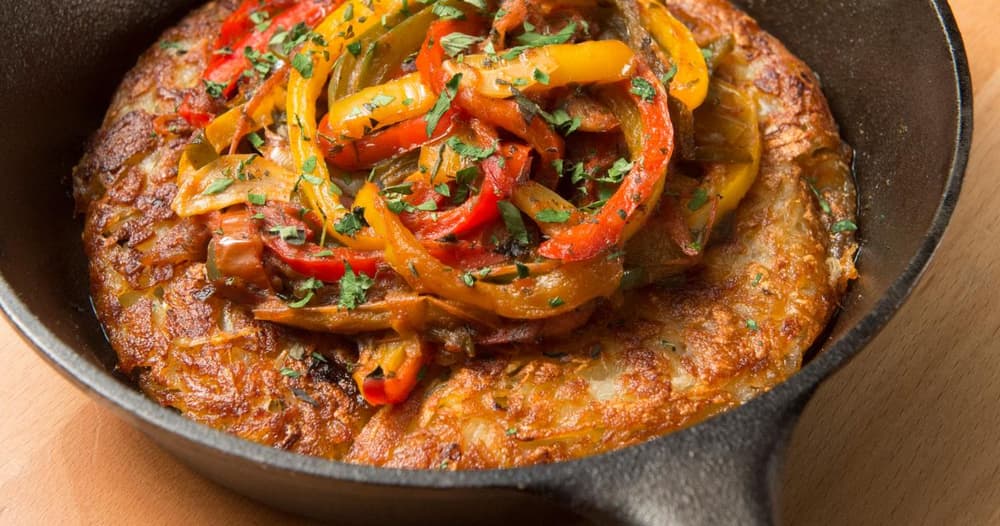 Crispy Breakfast Potato Cake with Piperade | Punchfork