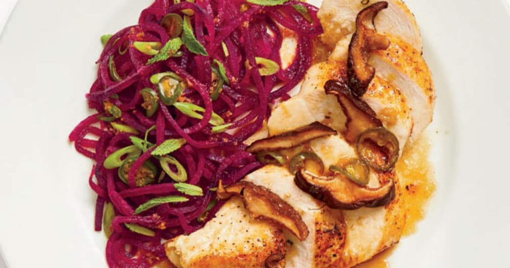 Chicken with Ginger Beet Noodles | Punchfork