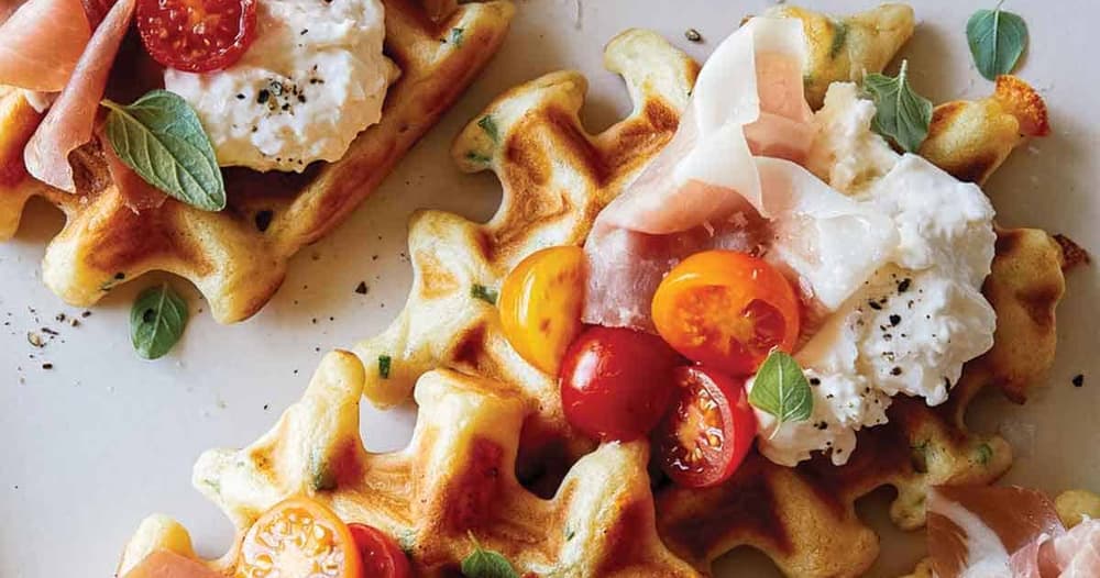 Savory Cheesy Herb Waffle Topped with Burrata, Tomato and Prosciutto ...