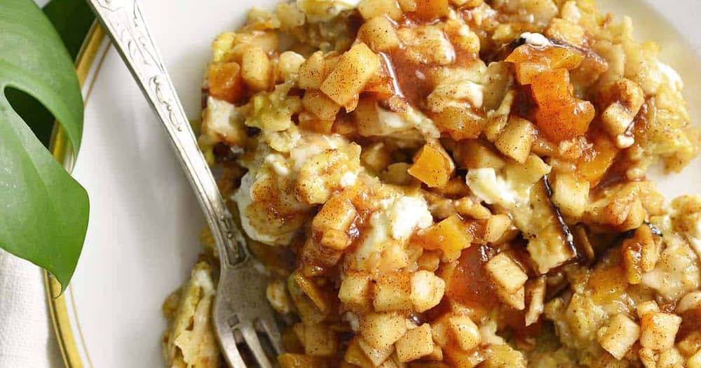Sweet Matzo Brei with Cinnamon Apple Charoset and Cream Cheese | Punchfork