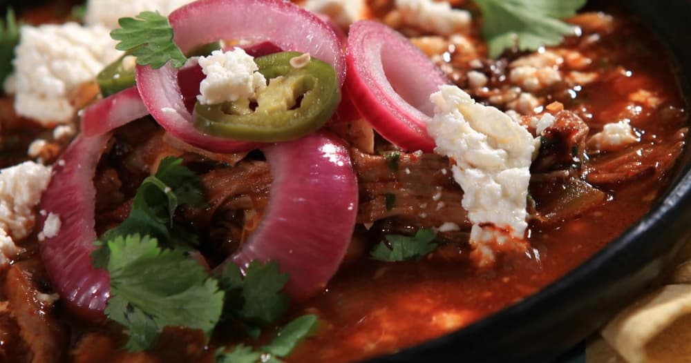 Red Pork Posole with Pickled Onions and Queso Fresco | Punchfork
