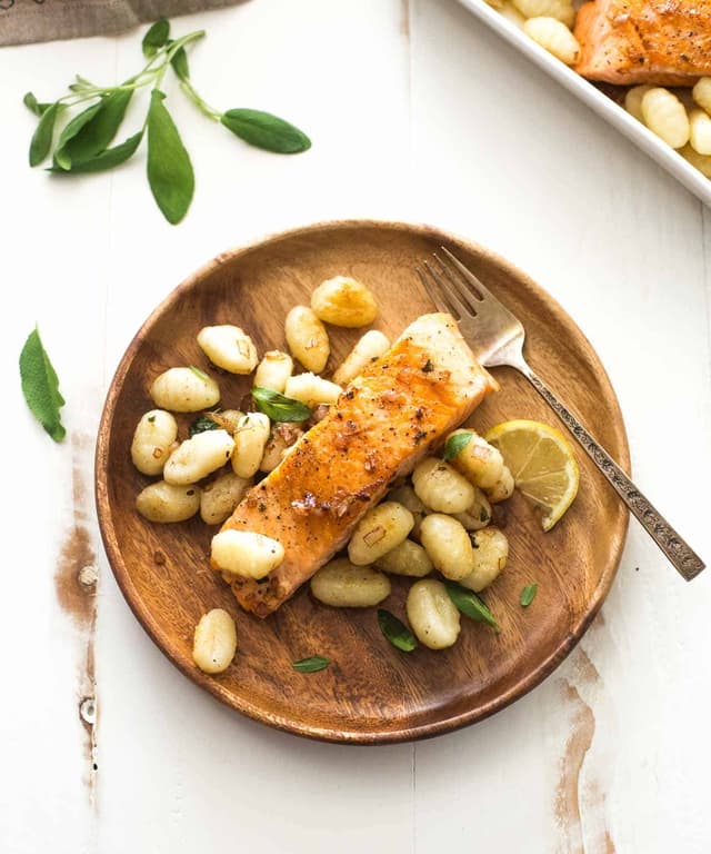 Pan Seared Salmon and Gnocchi with Sage Butter Sauce | Punchfork
