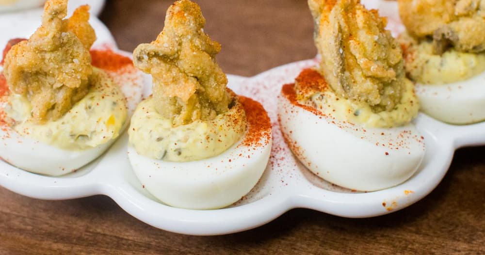 Lemon-Caper Deviled Eggs with Fried Oysters | Punchfork