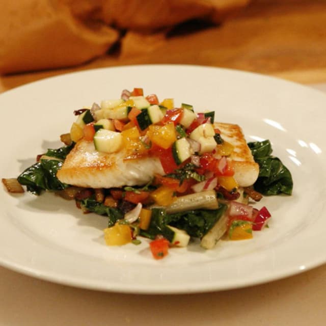 Seared Halibut with Sauteed Swiss Chard and Salsa Cruda | Punchfork