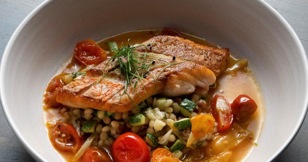 Seared Red Snapper with a Burst Cherry Tomato Sauce with Fregola ...
