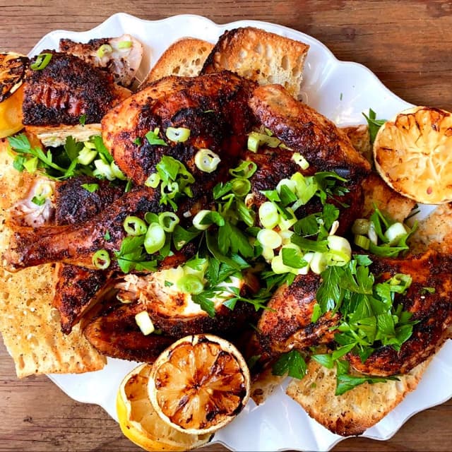 Spicy Grilled Butterflied Chicken with Crispy Bread | Punchfork