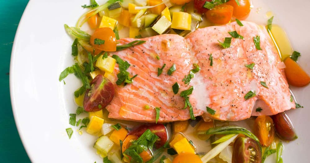 Salmon à la Nage (Poached in Broth) with Summer Vegetables | Punchfork