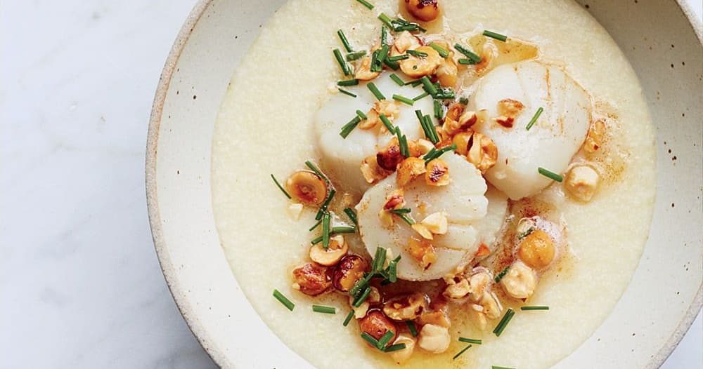 Sancerre-Poached Scallops with Soft Grits | Punchfork