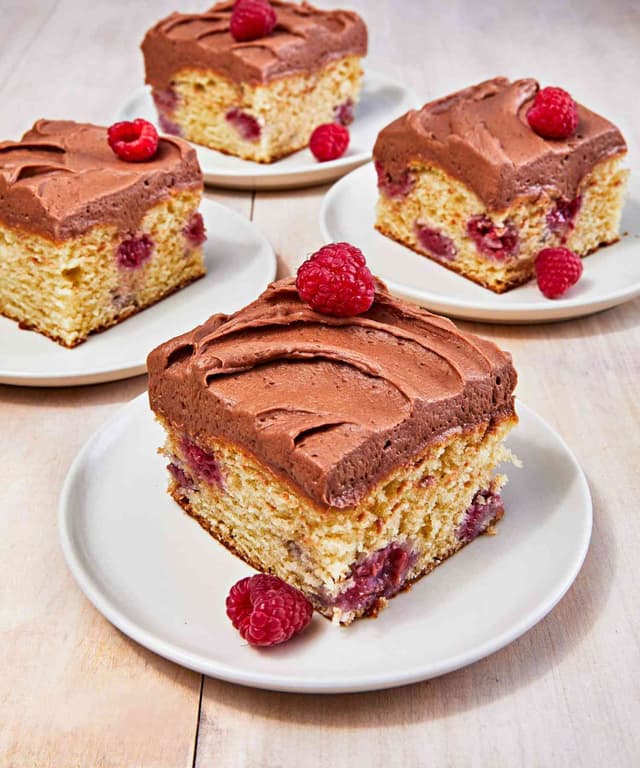 Raspberry Snack Cake with Salted Milk Chocolate Frosting | Punchfork