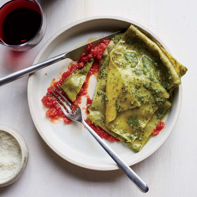 Ricotta-Filled Handkerchief Pasta with Pesto and Marinara | Punchfork