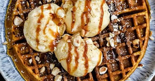 Pumpkin Spice Waffles with Vanilla Ice Cream and Caramel Sauce | Punchfork