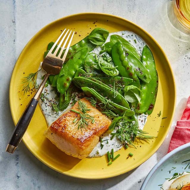 Crispy Cod with Charred Snow Peas & Creamy Herb Sauce | Punchfork