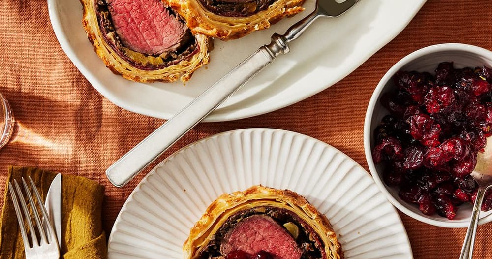 Beef Wellington with Chestnut Stuffing & Roasted Cranberries | Punchfork