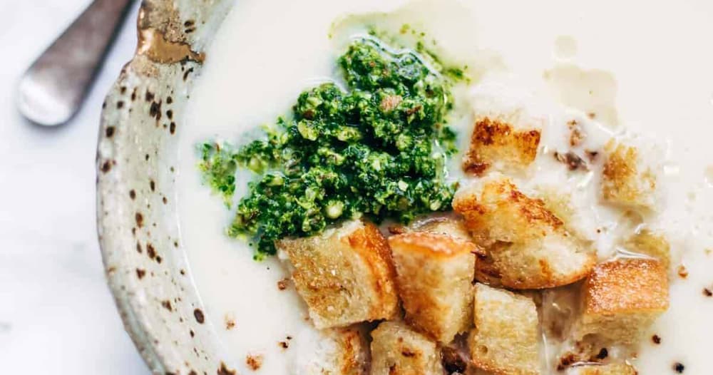 5 Ingredient Creamy Cauliflower Soup with Kale Pesto | Punchfork