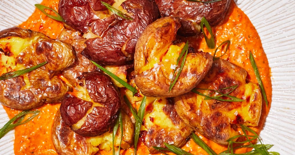 Green Garlic Romesco with Crispy Smashed Potatoes | Punchfork