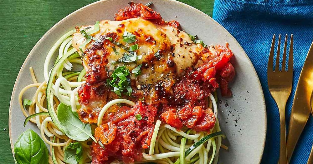 Balsamic Chicken with Pasta and Zucchini Noodles | Punchfork