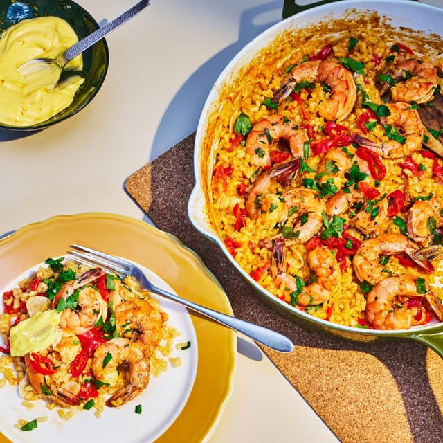 Spanish Shrimp and Rice with Saffron Mayo | Punchfork