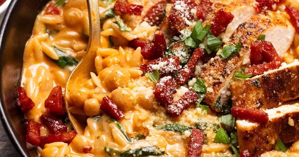 One Pot Chicken Risoni with Crispy Salami (Orzo) | Punchfork