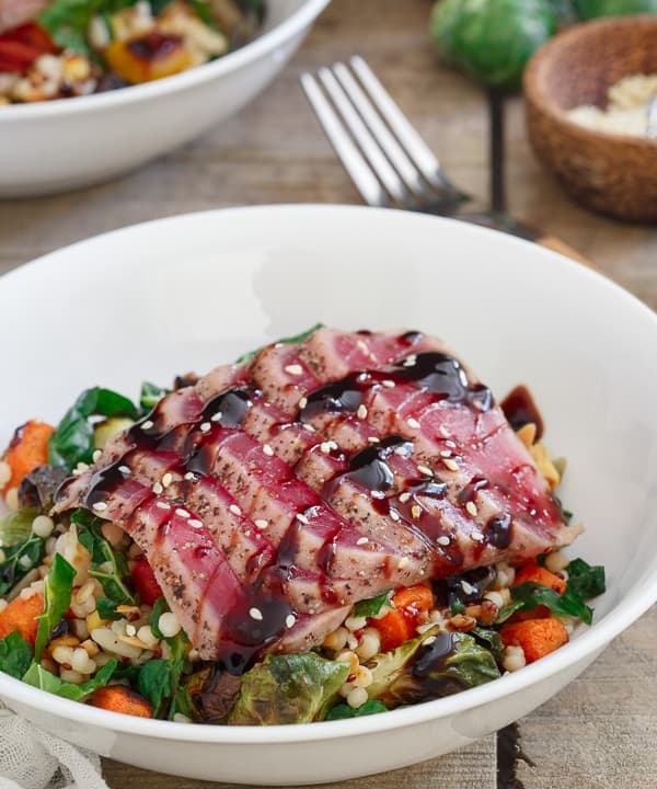 Seared Ahi Tuna with Roasted Winter Vegetable Israeli Couscous | Punchfork