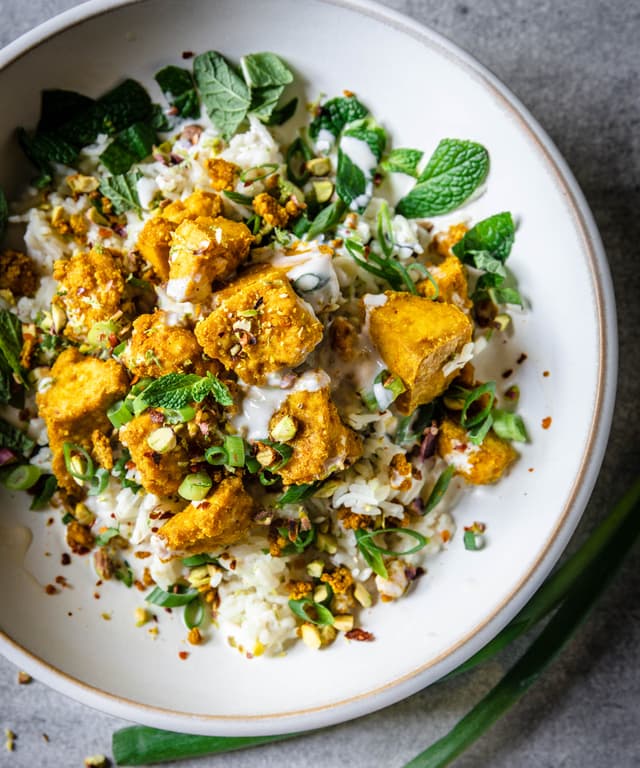 Turmeric Baked Tofu with Garlic Cilantro Rice and Lime Yogurt Sauce ...