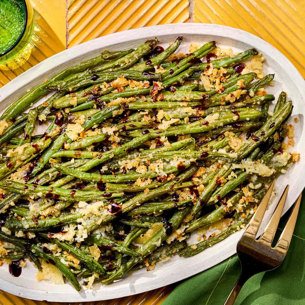 Smashed Green Beans with Parmesan & Balsamic | Punchfork