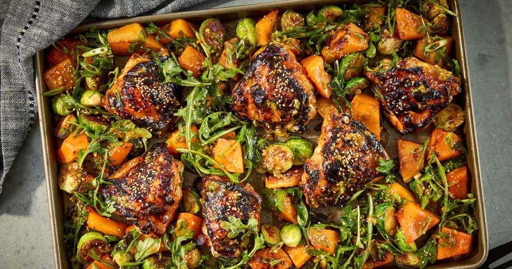 Sheet Pan Maple-Miso Chicken with Brussels Sprouts and Butternut Squash | Punchfork