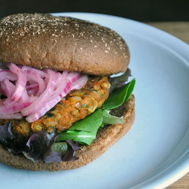 Split Pea-Barley Burger with Quick Pickled Onions | Punchfork