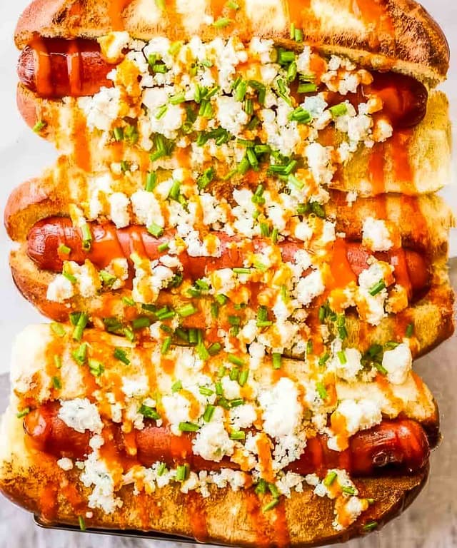 Buffalo Hot Dogs with Blue Cheese & Chives | Punchfork