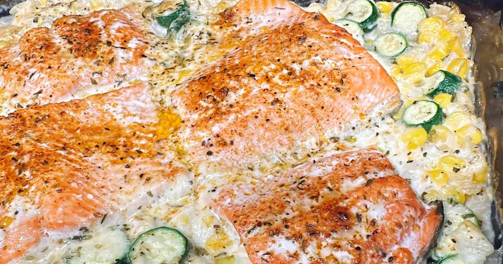One-Pan Creamy Baked Salmon and Orzo | Punchfork