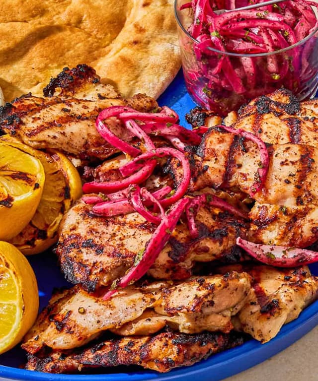Grilled Chicken Thighs with Sumac, Pickled Onions, and Charred Lemon ...