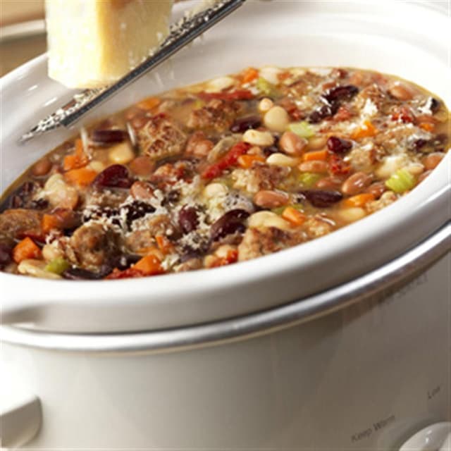 Slow Cooker Hearty Mixed Bean Stew with Sausage | Punchfork