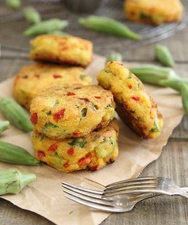 Okra Cornmeal Cakes with Cilantro Lime Yogurt Dip | Punchfork