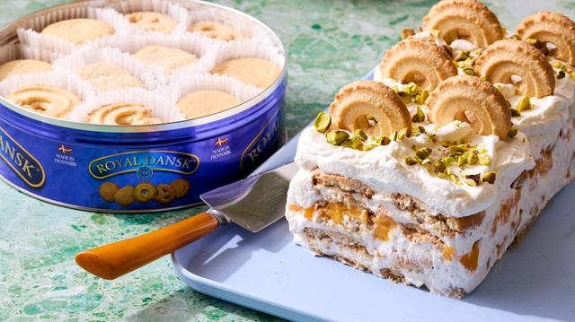 Royal Dansk Peachy Icebox Cake with Tangy Whip and Pistachios | Punchfork