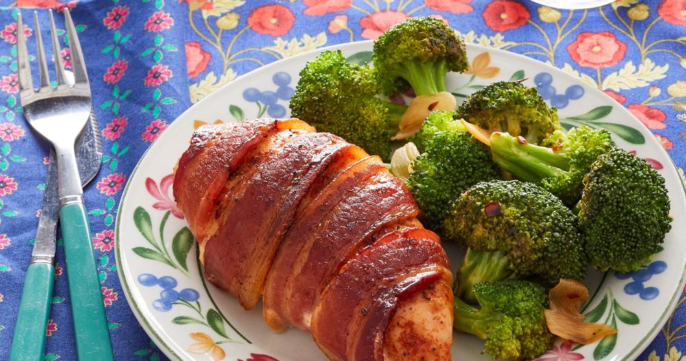 Bacon-Wrapped Chicken with Garlicky Broccoli | Punchfork