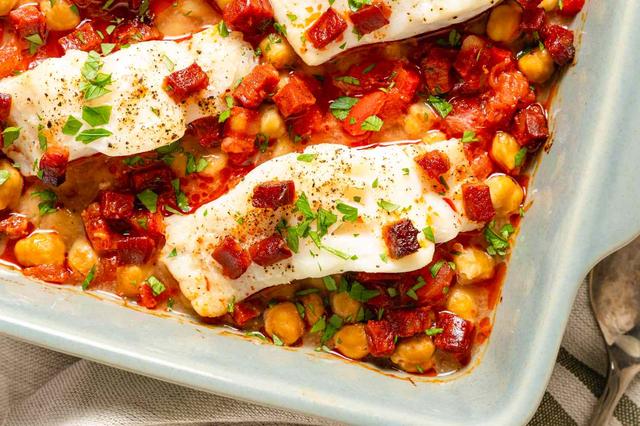 Roasted Spanish-Style Cod with Chorizo and Chickpeas | Punchfork