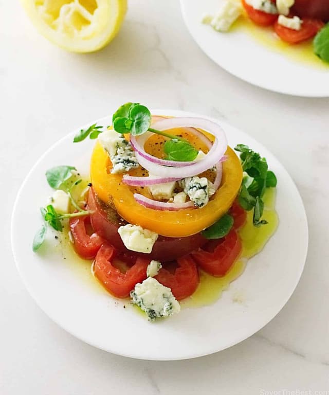 Heirloom Tomato Napoleon with Maytag Blue Cheese Crumbles | Punchfork